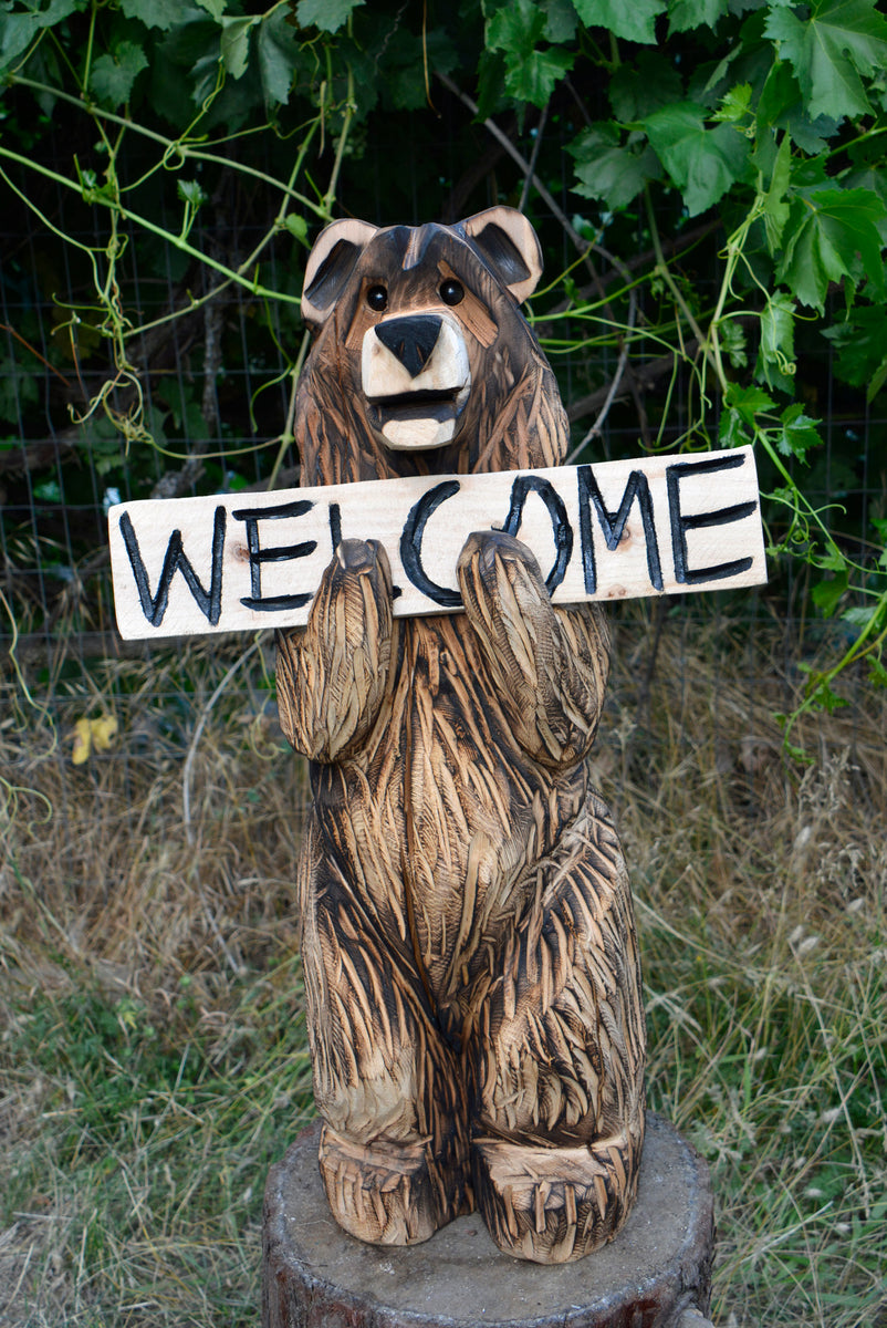 Chainsaw Carved 27" Standing Bear Sculpture with Welcome Sign | Origin ...