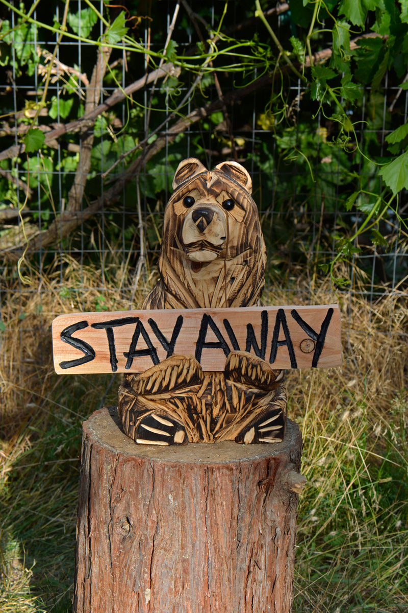 Chainsaw Carved 20" Bear Sculpture with "Stay Away" Funny Sign | Artis ...
