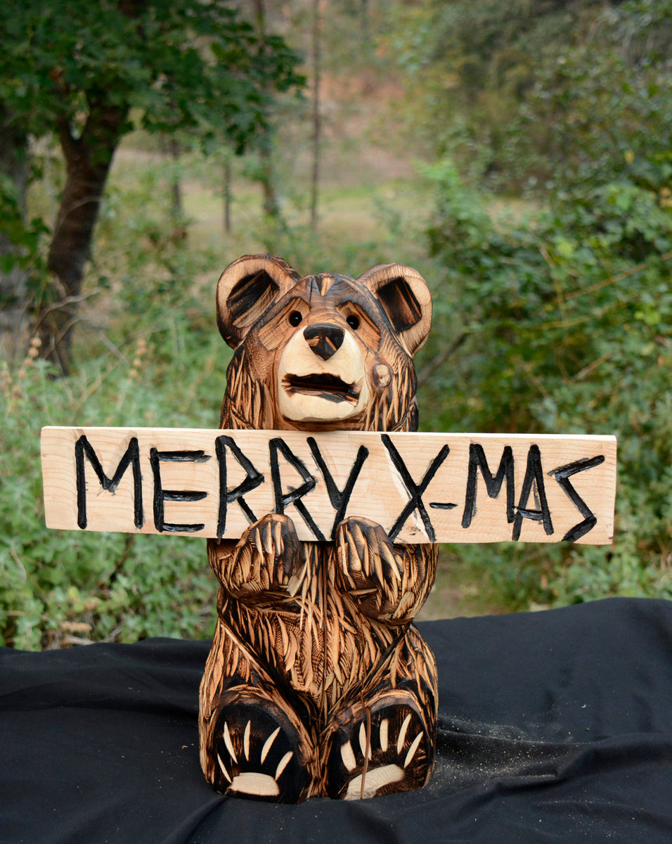 Chainsaw Carved 21" Bear Sculpture with "Merry X-mas" Sign | Original ...